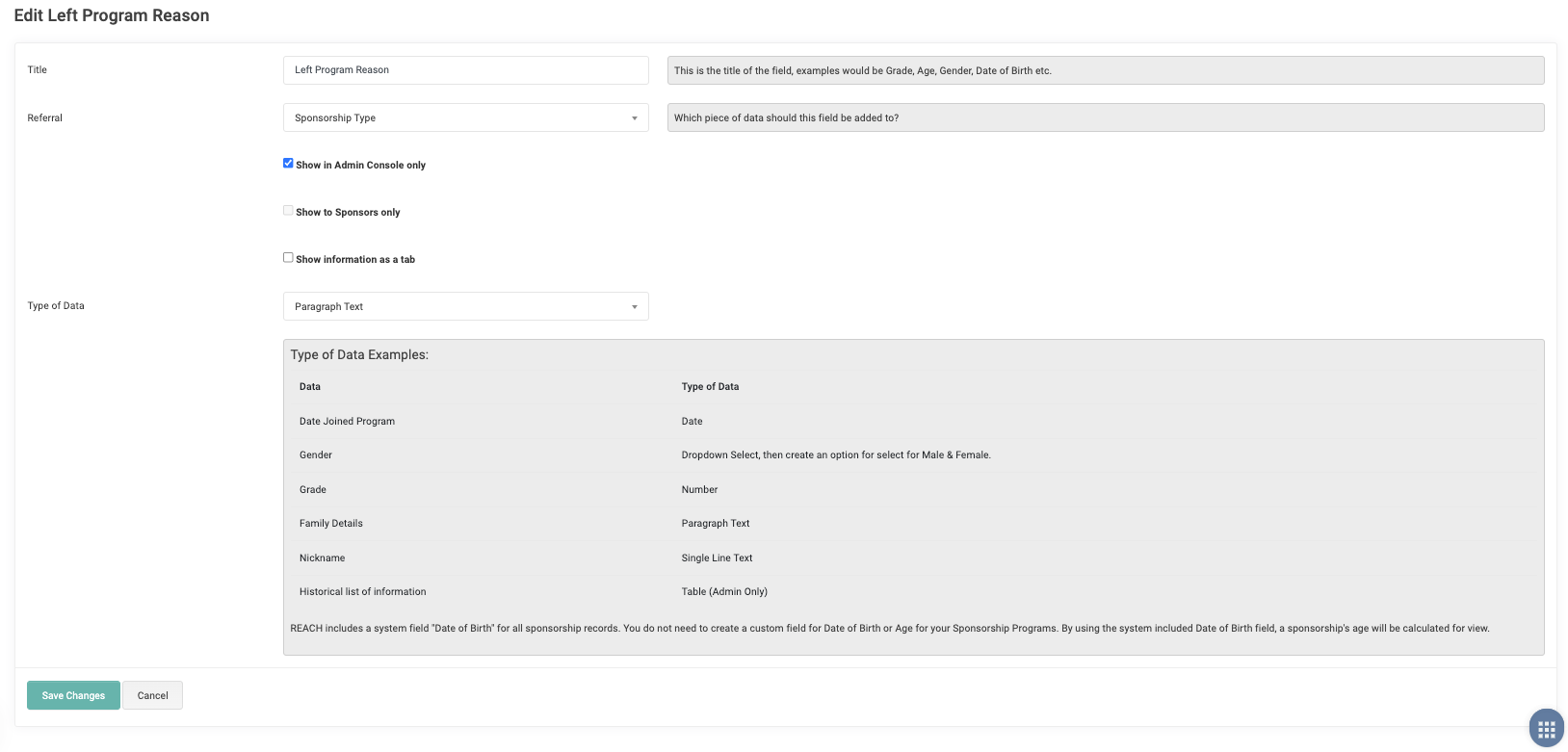 Sponsorship Custom Fields - REACH®